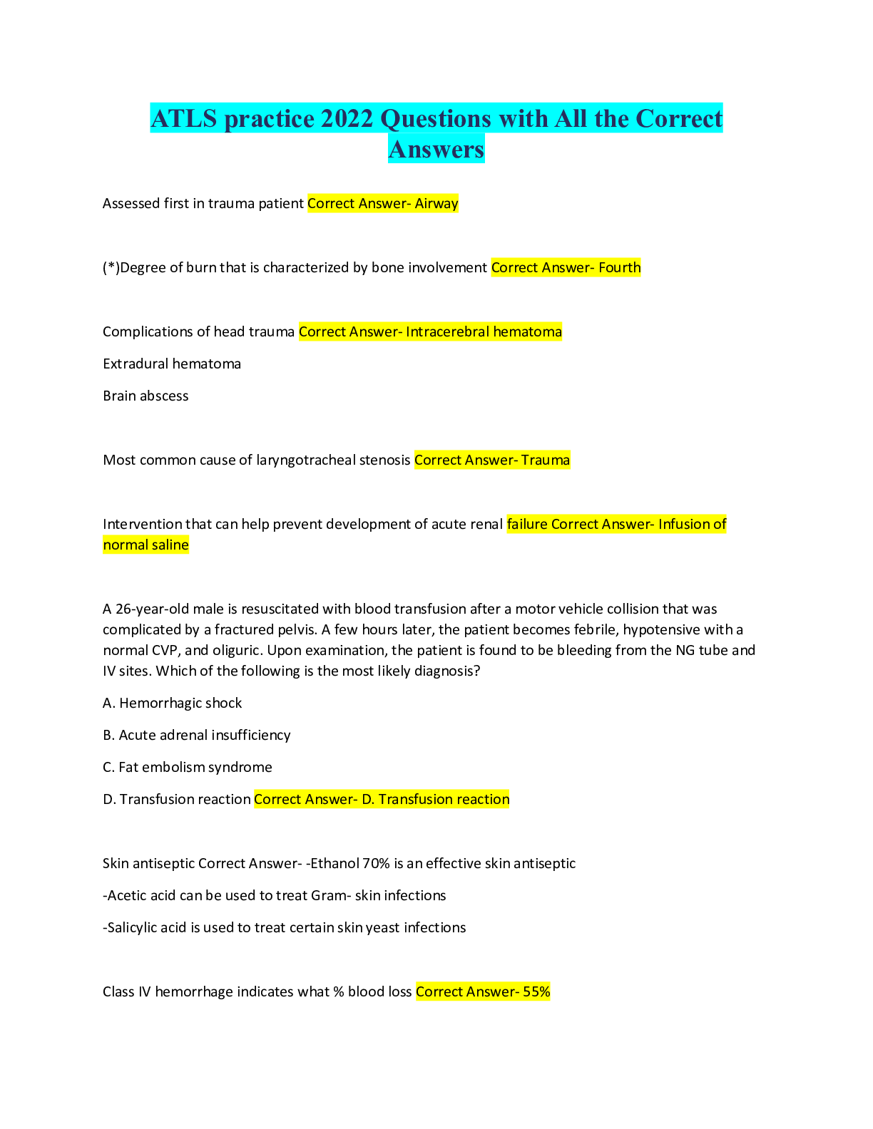 Atls Practice 2022 Questions With All The Correct Answers Scholarfriends